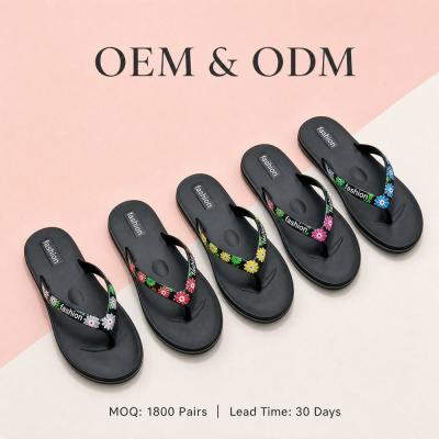 China Daisy Print Wedge Flip Flops with Printed Strap Lettering | Source Factory Supply for sale