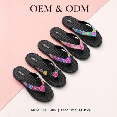 China Hibiscus Print Wide Strap Flip Flops with Grid Textured Footbed | Source Factory Supply for sale
