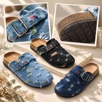 China Denim Mules Women PVC Frayed Patch for sale