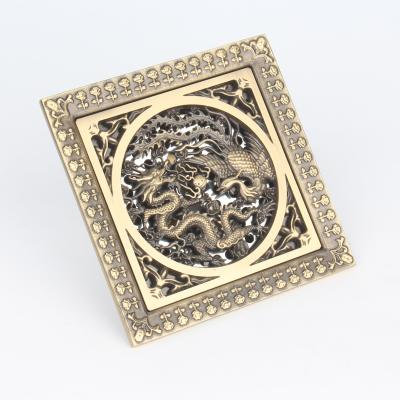 China Classical Design Strainer Loong Brass Floor Drain Square 12x12CM For Bathroom Drainage for sale