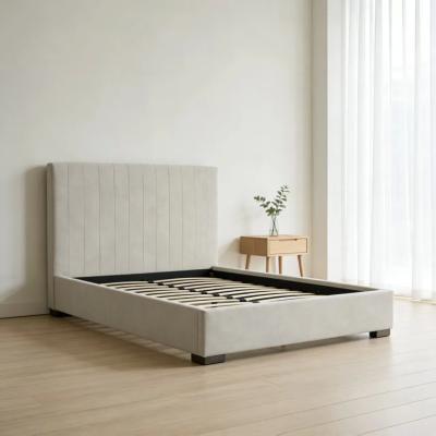 China Modern Cream White Velvet Upholstered Platform Bed with Vertical Stripe Headboard for sale