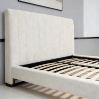 China Minimalist Cream White Velvet Upholstered Bed with Solid Wood Slats for sale