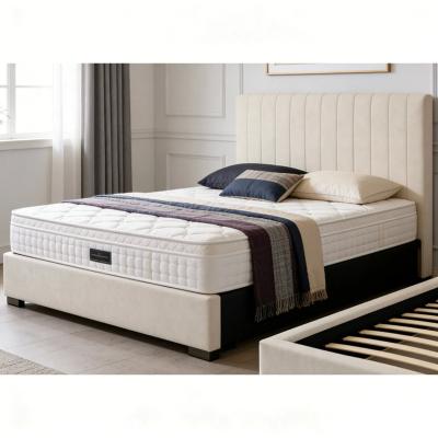 China Luxury Vertical Stripe Cream White Velvet Platform Bed Queen Size for sale