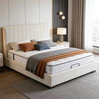 China Luxury Vertical Stripe Cream White Velvet Platform Bed Queen Size for sale