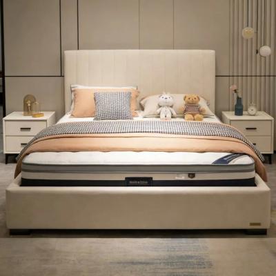 China Luxury Minimalist Cream White Velvet Platform Bed with Padded Headboard for sale