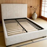 China Luxury Minimalist Cream White Velvet Platform Bed with Padded Headboard for sale
