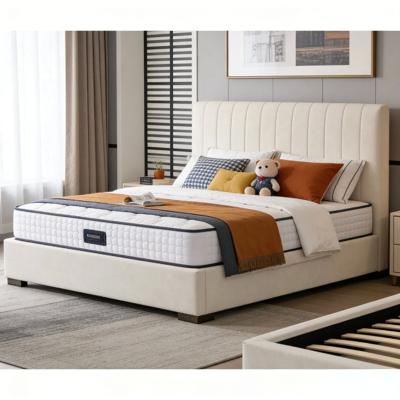 China Sturdy Noise-Free Cream White Velvet Platform Bed with Solid Wood Slats for sale