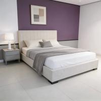 China Sturdy Noise-Free Cream White Velvet Platform Bed with Solid Wood Slats for sale