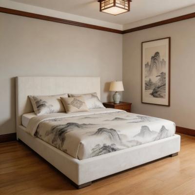 China Stable Cream White Velvet Platform Bed with Vertical Stripe Headboard for sale