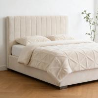 China Queen Size Cream White Velvet Upholstered Platform Bed Model for sale