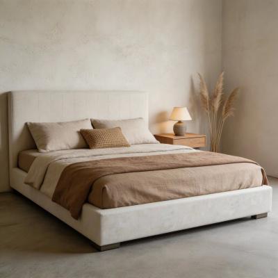 China Full Size Cream White Velvet Platform Bed with Vertical Stripe Headboard for sale