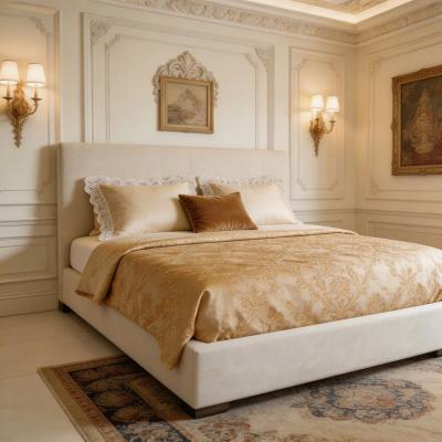 China Premium Cream White Velvet Upholstered Platform Bed with Padded Headboard for sale