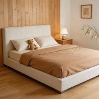 China Soft Cream White Velvet Upholstered Bed with Vertical Channel Tufted Headboard for sale