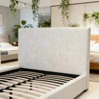 China Minimalist Cream White Velvet Bed with Sturdy Frame & Slatted Base for sale