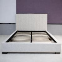 China Modern Vertical Stripe Cream Velvet Upholstered Platform Bed with Slatted Base for sale
