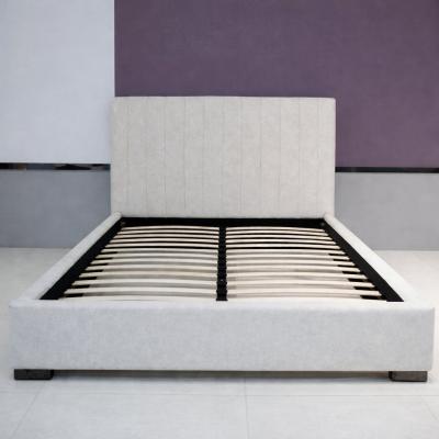 China Modern Vertical Stripe Cream Velvet Upholstered Platform Bed with Slatted Base for sale