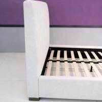 China Modern Vertical Stripe Cream Velvet Upholstered Platform Bed with Slatted Base for sale