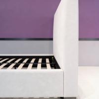 China Modern Vertical Stripe Cream Velvet Upholstered Platform Bed with Slatted Base for sale