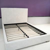 China Modern Vertical Stripe Cream Velvet Upholstered Platform Bed with Slatted Base for sale