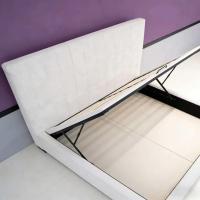 China Modern Vertical Stripe Cream Velvet Upholstered Platform Bed with Slatted Base for sale