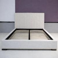 China Cream White Vertical Stripe Velvet Upholstered Platform Bed for sale