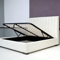 China Tall Headboard Cream Upholstered Platform Bed with Under Bed Storage for sale