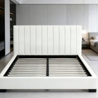 China Sturdy Solid Frame Cream Upholstered Platform Bed with Slatted Base for sale