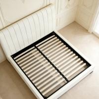 China Sturdy Solid Frame Cream Upholstered Platform Bed with Slatted Base for sale