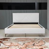 China Modern Minimalist White Upholstered Metal-Leg Solid Wood Slat Chinese-Made Double Bed for sale