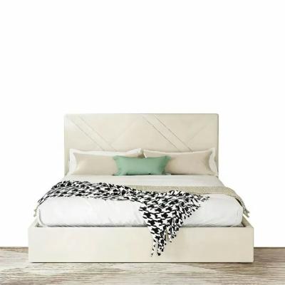 China Minimalist Double Bed with Beige Leather Vertical Strip Upholstery for sale