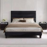 China Minimalist Black Fabric Upholstered Bed with Layered Headboard for sale