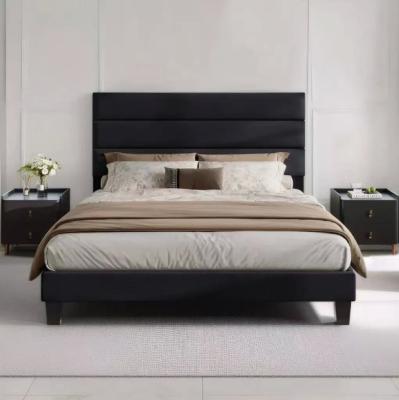 China Minimalist Black Fabric Upholstered Bed with Layered Headboard for sale