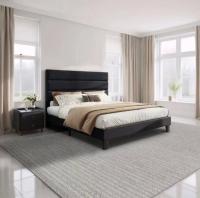 China Minimalist Black Fabric Upholstered Bed with Layered Headboard for sale