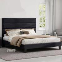 China Minimalist Black Fabric Upholstered Bed with Layered Headboard for sale