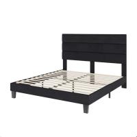 China Minimalist Black Fabric Upholstered Bed with Layered Headboard for sale