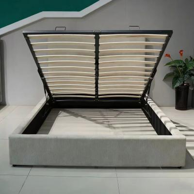 China Modern Upholstered Gas Lift Storage Bed - White Fabric Queen Size for sale