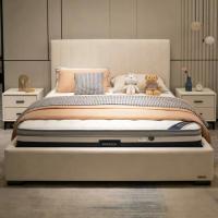 China Heavy-Duty Cream White Velvet Upholstered Bed with No Box Spring Needed for sale