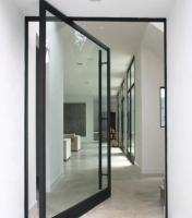 China 1.5mm - 2.0mm Matt Black Aluminum Pivot Front Door Low E Glass Acrylic Strips Doors for sale