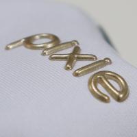 China Custom Gold TPU Heat Transfer Labels Glossy Effect Iron On Clothing Garment 4.5x2.5cm for sale