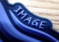 China Custom 3D Rubber Patches Dark Blue Embossed Logo Sew On Clothing Hats 2 Sizes for sale