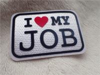 China Custom Flocking Patches I Love My Job Slogan Logo 2 Color Plush Chromatic Embroidery Patch for sale