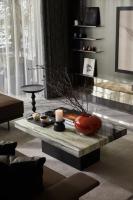 China OEM/ODM CUSTOM MODERN LUXURY HOTEL LIVING & DINING FURNITURE SET | MARBLE COFFEE TABLE, L-SHAPED LEATHER SOFA, MARBLE KITCHEN ISLAND & ROUND DINING TABLE FOR VILLA & HIGH-END RESIDENTIAL for sale