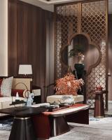 China OEM/ODM CUSTOMIZED MODERN ORIENTAL EXECUTIVE OFFICE WITH WOOD PANELS, METAL SCREEN & TEA CEREMONY SPACE IN CHINA for sale