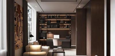 China PREMIUM WOOD VENEER CUSTOM HOME OFFICE FURNITURE WITH LED-LIT BOOKSHELF, SOLID WOOD DESK AND SOFT-CLOSE CABINET WITH SOLID WOOD IN CHINA for sale