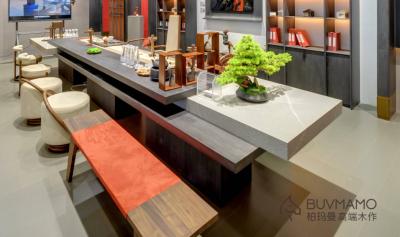 China OEM/ODM CUSTOM WALNUT WOOD TEA ROOM FURNITURE - ROUND TEA TABLE, SLATE GONGFU TABLE, GLASS CONSOLE TABLE, 4 CHAIRS WITH SOLID WOOD IN CHINA, GUANGDONG for sale