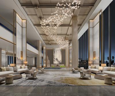 China NEW CHINESE STYLE LUXURY HOTEL INTERIOR DESIGN | LOBBY, LEISURE LOUNGE & RABBIT-THEMED FAMILY GUEST ROOM | WOOD VENEER, LINEN WALL PANEL & MARBLE FLOORING, CUSTOM BIRD & BUTTERFLY ART CHANDELIER for sale