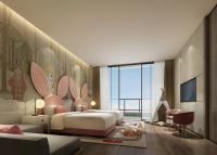 China NEW CHINESE STYLE LUXURY HOTEL INTERIOR DESIGN | LOBBY, LEISURE LOUNGE & RABBIT-THEMED FAMILY GUEST ROOM | WOOD VENEER, LINEN WALL PANEL & MARBLE FLOORING, CUSTOM BIRD & BUTTERFLY ART CHANDELIER for sale