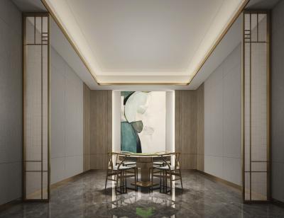 China NEW CHINESE ZEN STYLE CLUB INTERIOR DESIGN | TEA LOUNGE, MAHJONG ROOM & CALLIGRAPHY STUDY | WOOD VENEER & LINEN FABRIC WALL PANELS, METAL GRID PARTITION & INK LANDSCAPE FULL-HEIGHT WINDOW DECORATION for sale