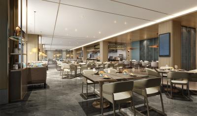 China NEW CHINESE LIGHT LUXURY HOTEL INTERIOR DESIGN | SPA ROOM, RESTAURANT & CONFERENCE HALL, WOOD+FABRIC+MARBLE MATERIAL, ORIENTAL INK & HOLLOW GRILLE FEATURE FOR WELLNESS RESORT DECORATION for sale