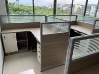 China CUSTOM L-SHAPE MODULAR OFFICE CUBICLE DESK | FROSTED GLASS PARTITION STAFF WORKSTATION WITH MOBILE PEDESTAL & SIDE CABINET, CHINA FACTORY WHOLESALE OFFICE FURNITURE for sale